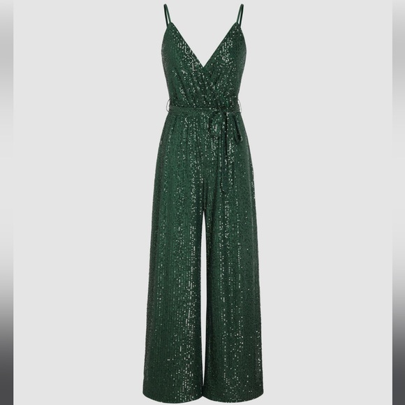 Cider | Pants & Jumpsuits | Cider Sequin Vneck Solid Belted Wide Leg Jumpsuit | Poshmark